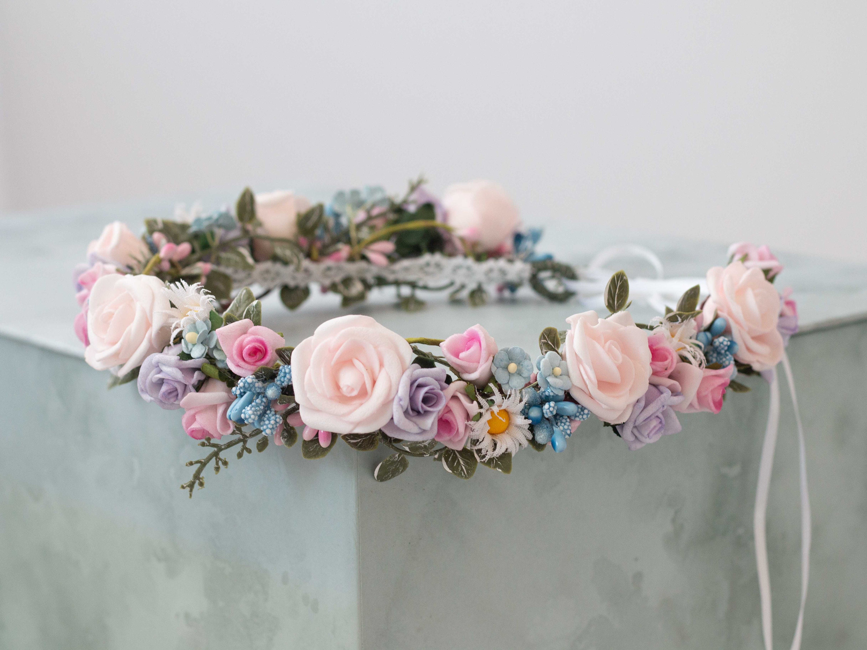 Pastel Flower Crown Wedding Boho Headband Soft Pink Blue | Etsy