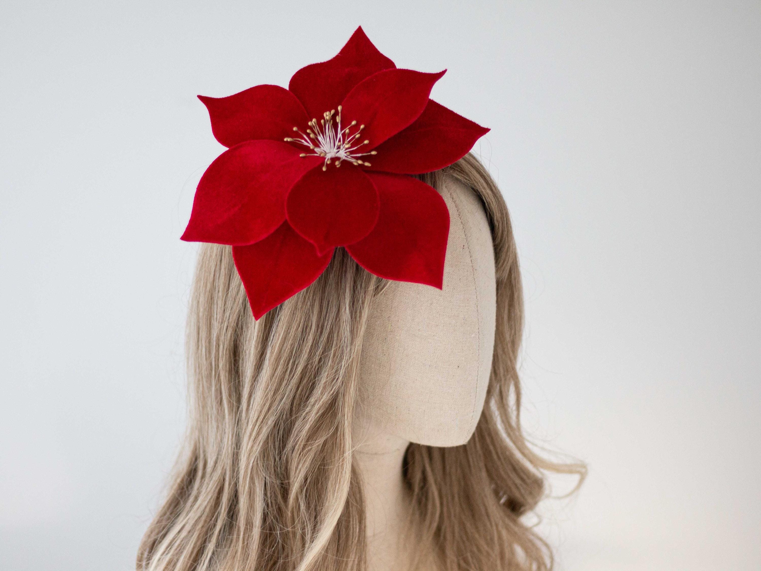 Velvet Poinsettia Flower Headband, Red Floral Headband, Winter Flower ...