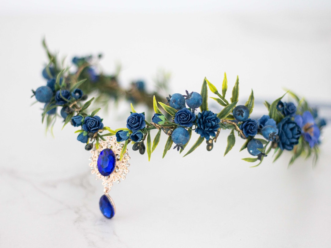 Navy Blue Elven Tiara, Blueberry Crown, Fairy Headband, Flower Crown ...