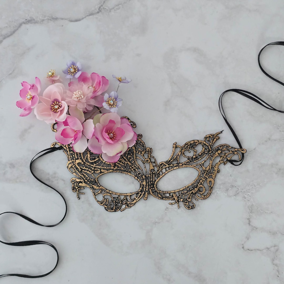 Gold Lace Masquerade Mask With Pink Flowers - Etsy