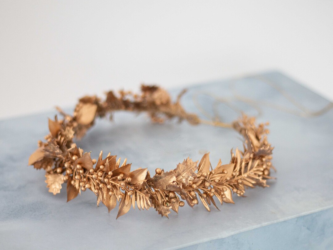 Gold Flower Crown, Gold Halo Crown, Gold Leaf Crown, Golden Floral ...