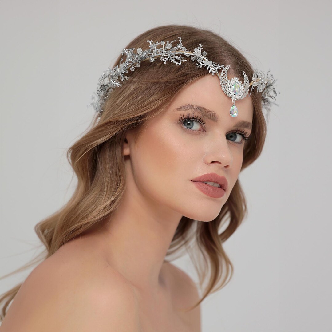 Fantasy Headpiece, Silver Moon Crown, Crescent Hair Band, Silver Elven ...