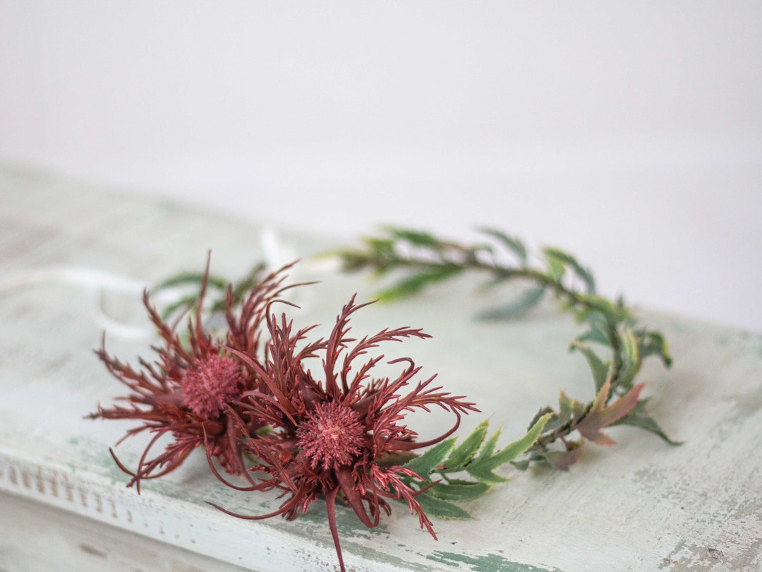Thistle Flower Crown Wedding, Burgundy Floral Headband, Wild Flower ...
