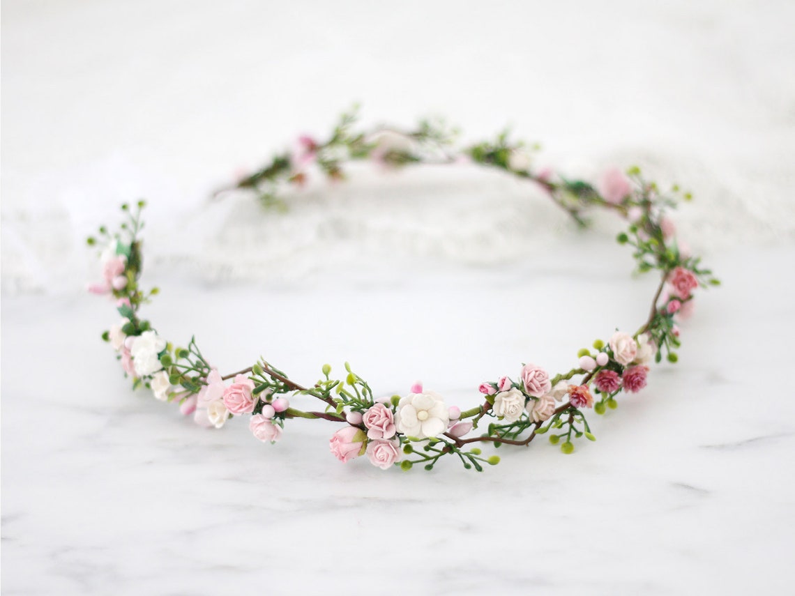 Blush pink flower crown dainty flower crown greenery floral | Etsy