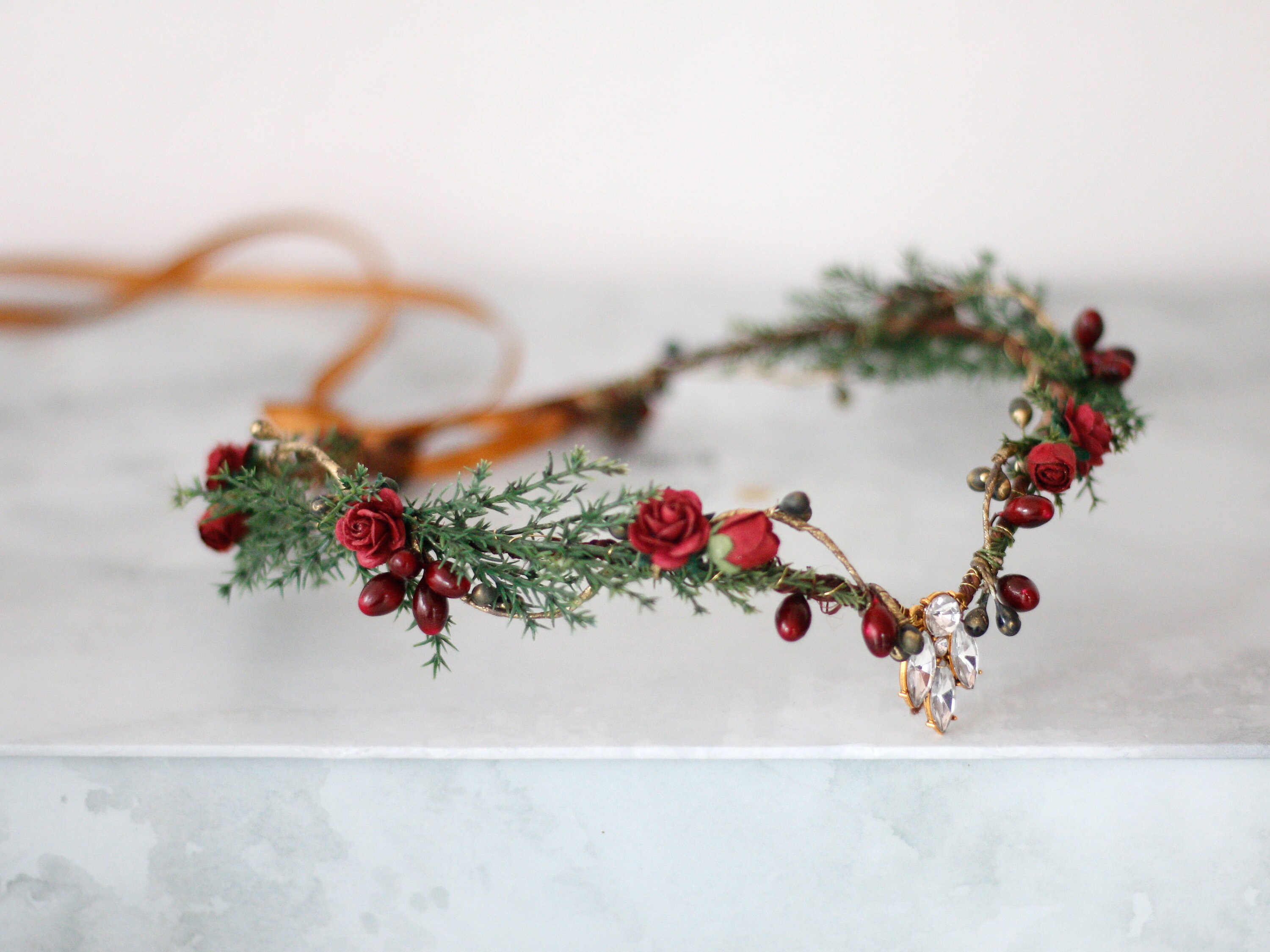 Winter crown elven tiara elf leaf crown red green flower | Etsy