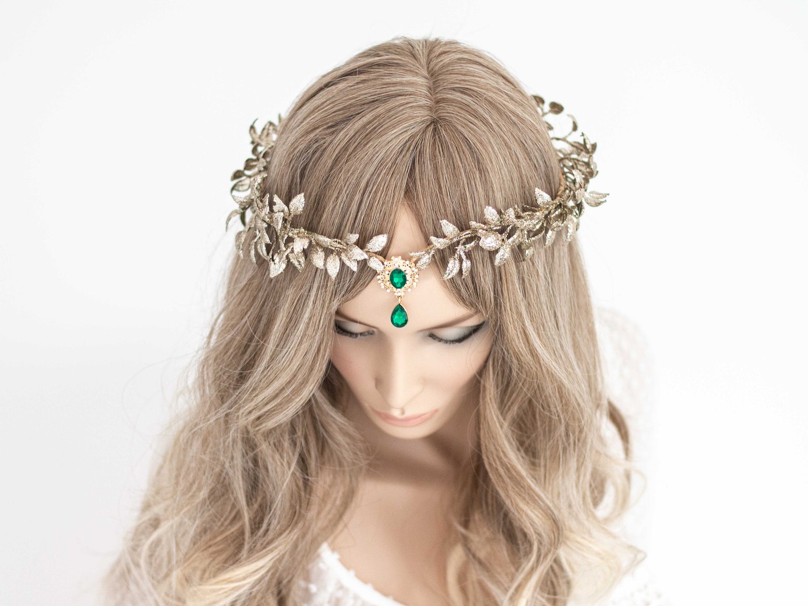 Elven Circlet Gold Emerald Green, Leaf Diadem, Elvish Flower Crown ...