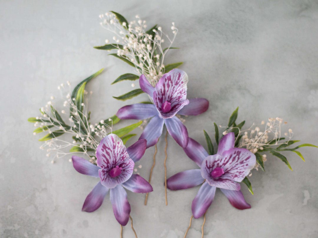 Violet Purple Orchid Flower Pins Wedding, Tropical Floral Hair Pins ...