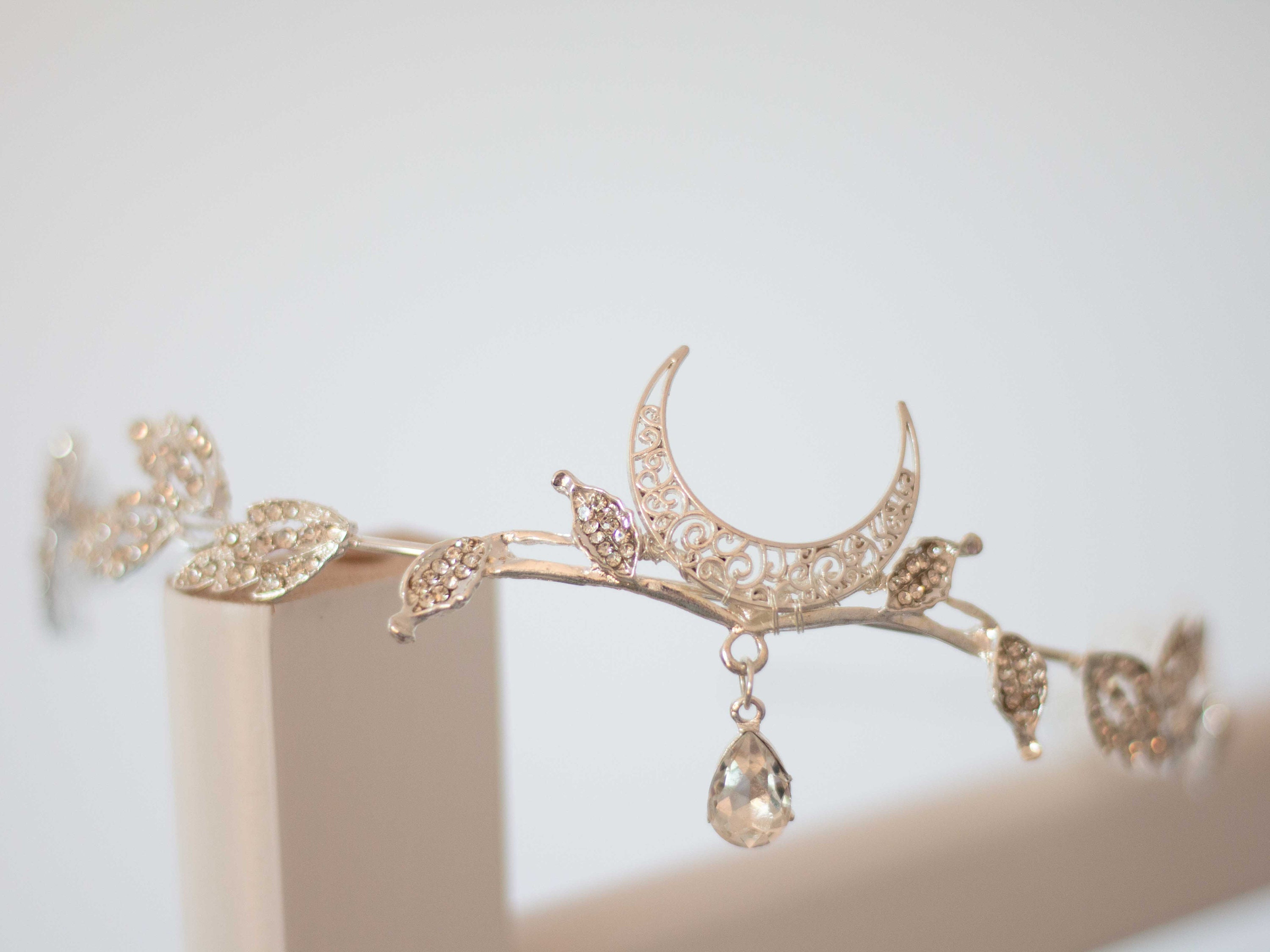 Crescent Moon Crown, Moon Head Band, Silver Leaf Tiara, Elven Hairpiece ...