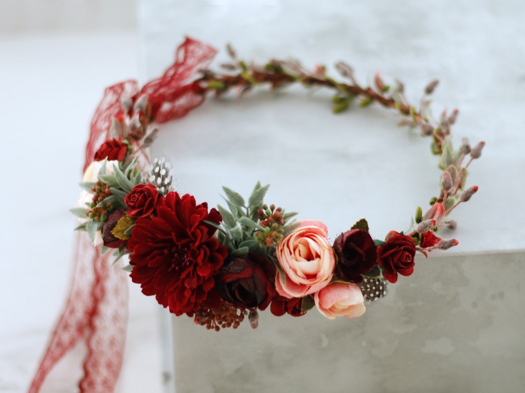 Burgundy Peach Flower Crown Wedding, Bohemian Hair Crown, Bridal Rustic ...