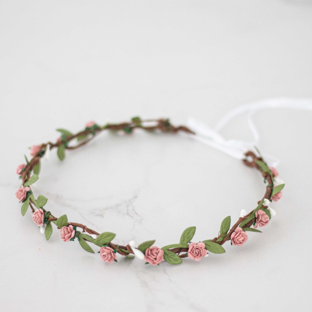 Dusty Rose Flower Crown, Pale Pink Green Floral Crown, Dainty Flower ...