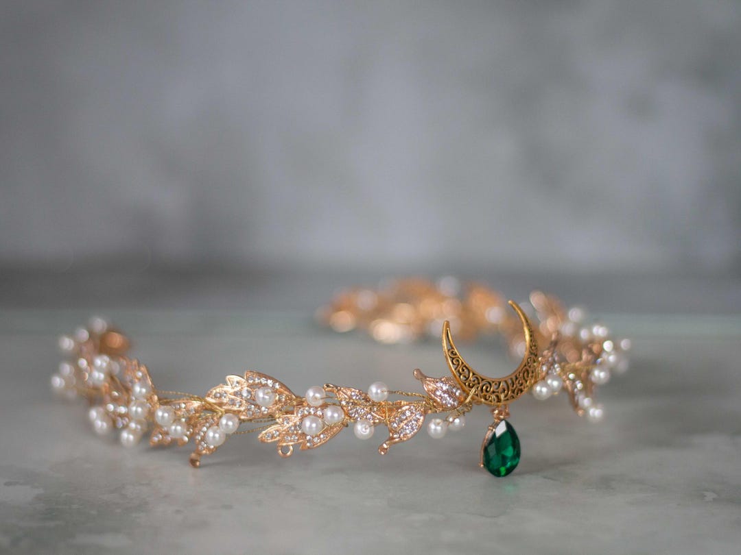 Crescent Moon Crown, Gold Headband, Pearl Tiara, Emerald Green Elven ...