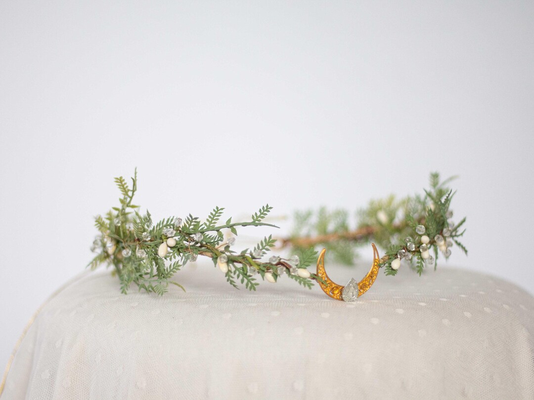 Green Fern Elven Crown: Crescent Moon Wedding Headpiece - Etsy