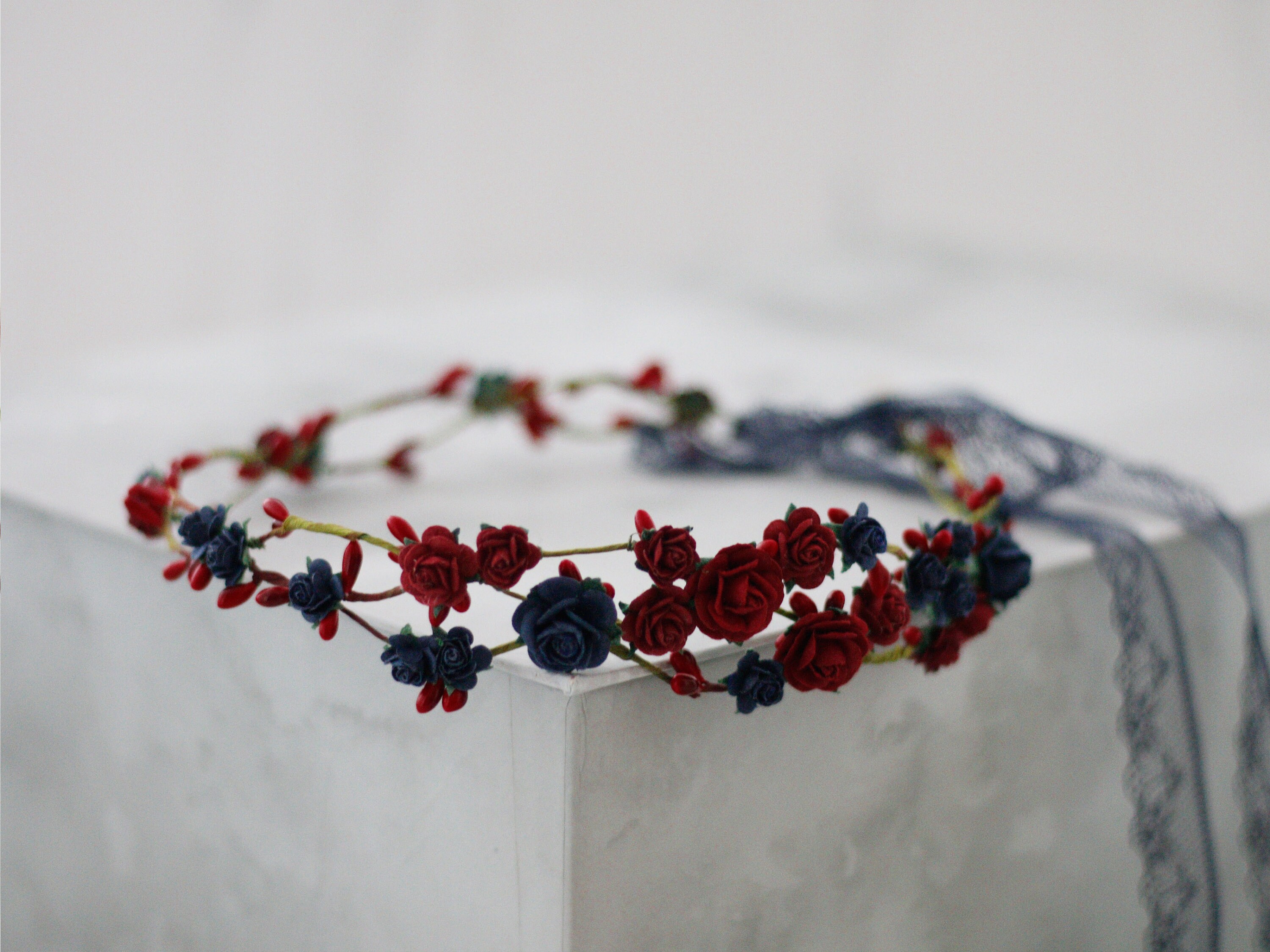 Burgundy navy blue flower crown wedding rustic bride crown | Etsy