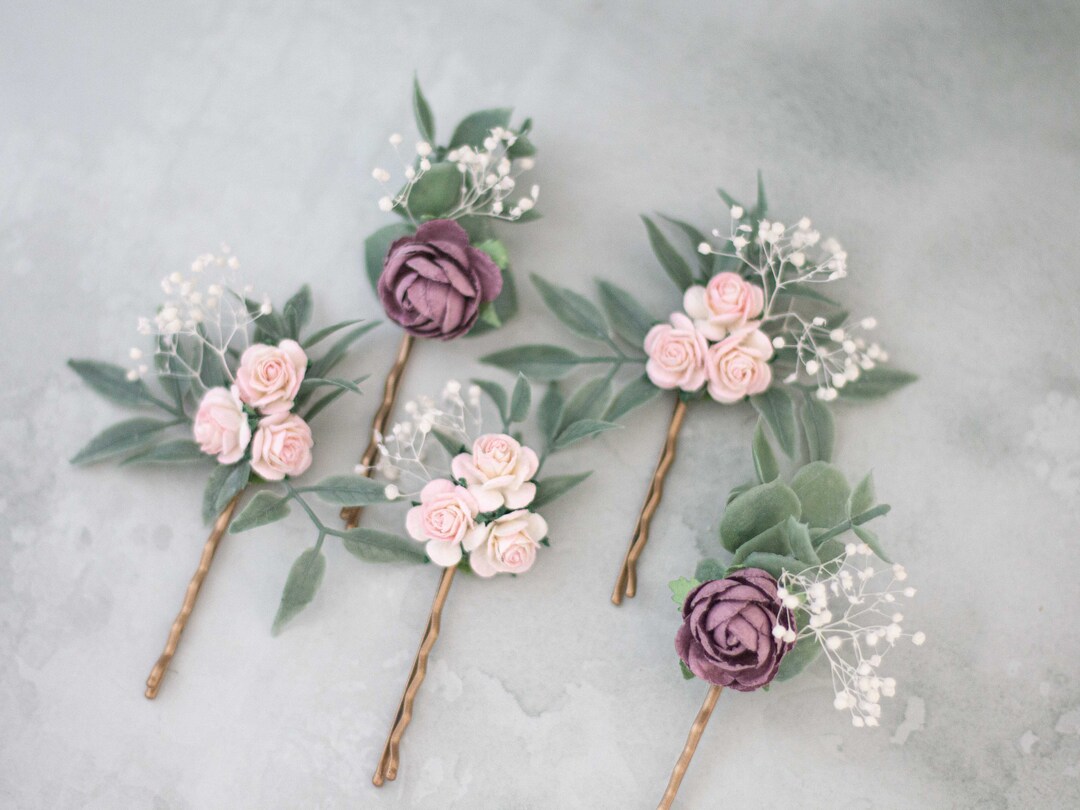 Pale Pink Purple Flower Hair Pins Eucalyptus Peony Hair Clip Wedding