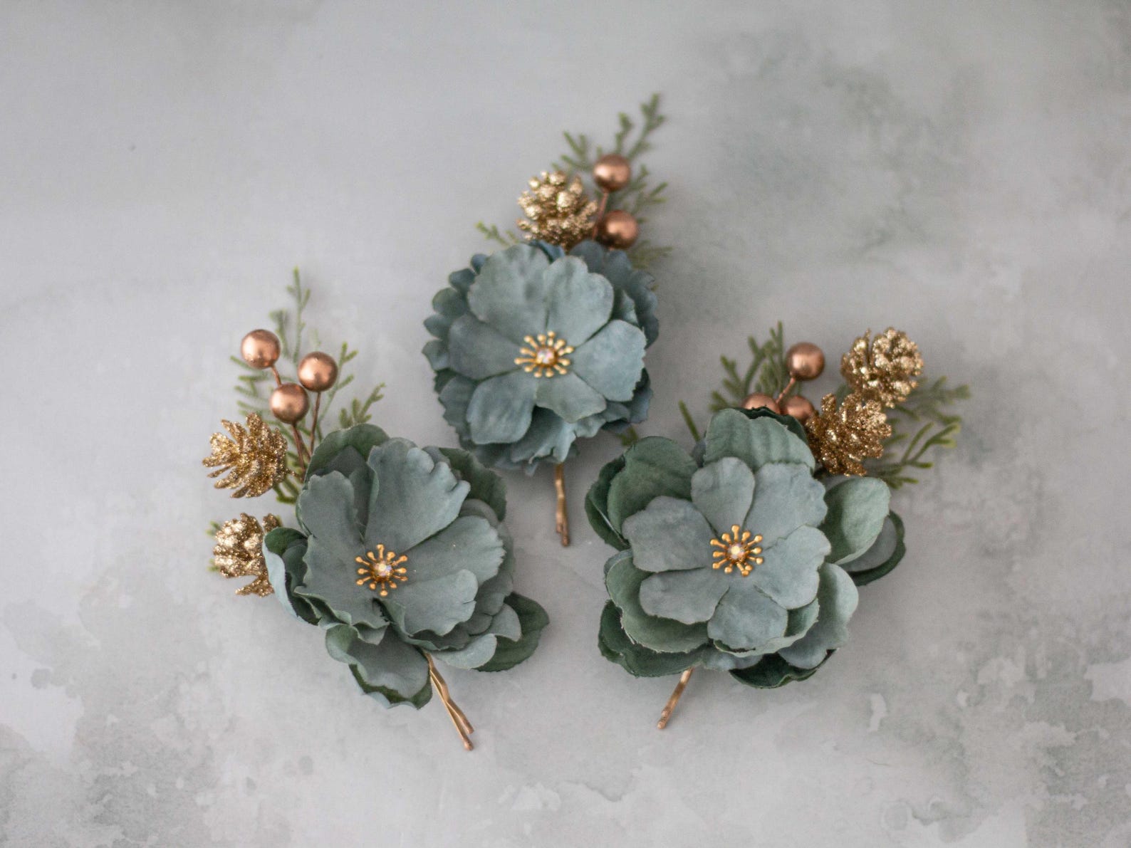 Sage Green Flower Pins Wedding, Winter Floral Hair Pins, Gold Green ...