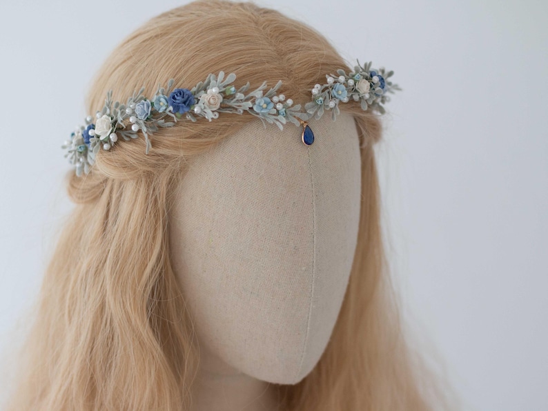 Blue Elven Crown: Fantasy Wedding Flower Tiara, Fairytale Bridal Shower ...