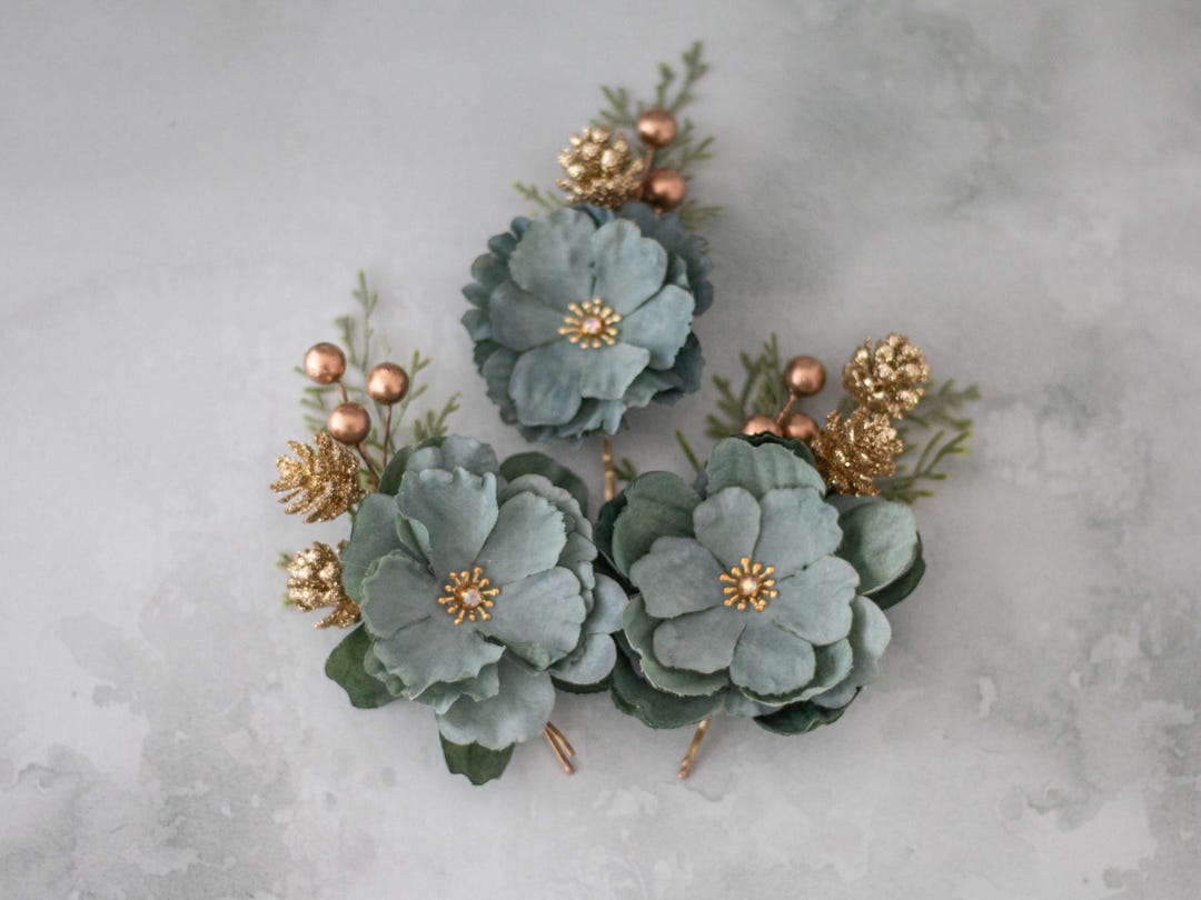 Sage Green Flower Pins Wedding, Winter Floral Hair Pins, Gold Green ...