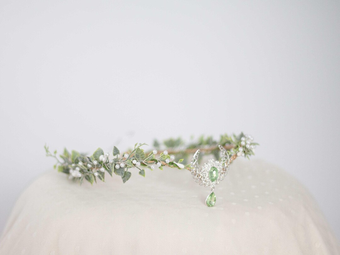 Fantasy Wedding Headpiece, Crescent Moon Crown, Greenery Elven Circlet ...