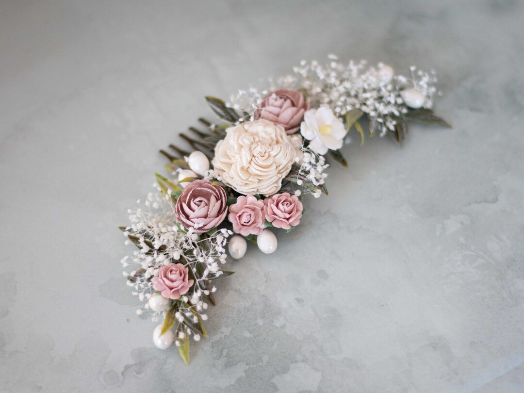 Dusty Rose Flower Comb Wedding, Dried Flower Hair Comb, Baby's Breath ...