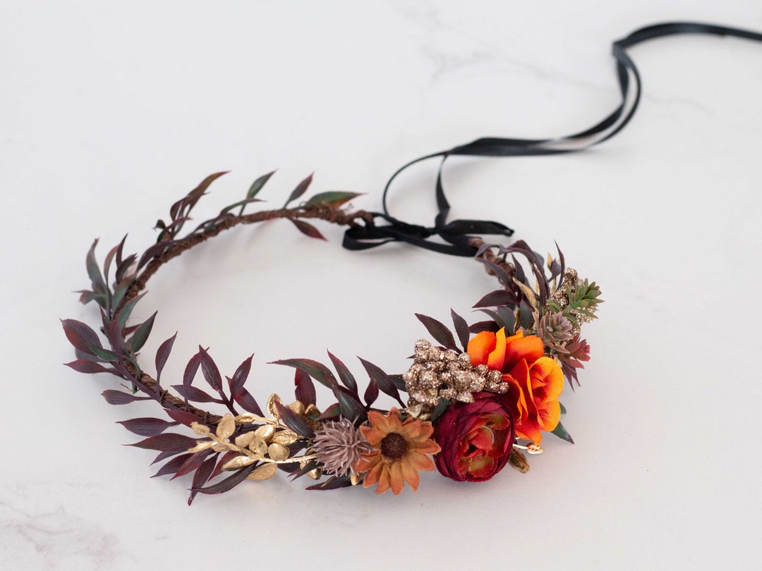 Fall Flower Crown Wedding, Deep Burgundy Floral Headpiece, Autumn ...