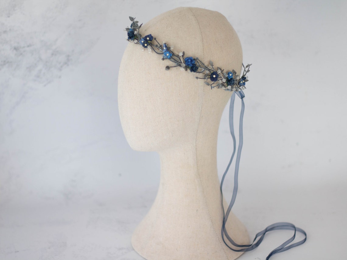 Navy blue flower crown for wedding dainty hair wreath | Etsy