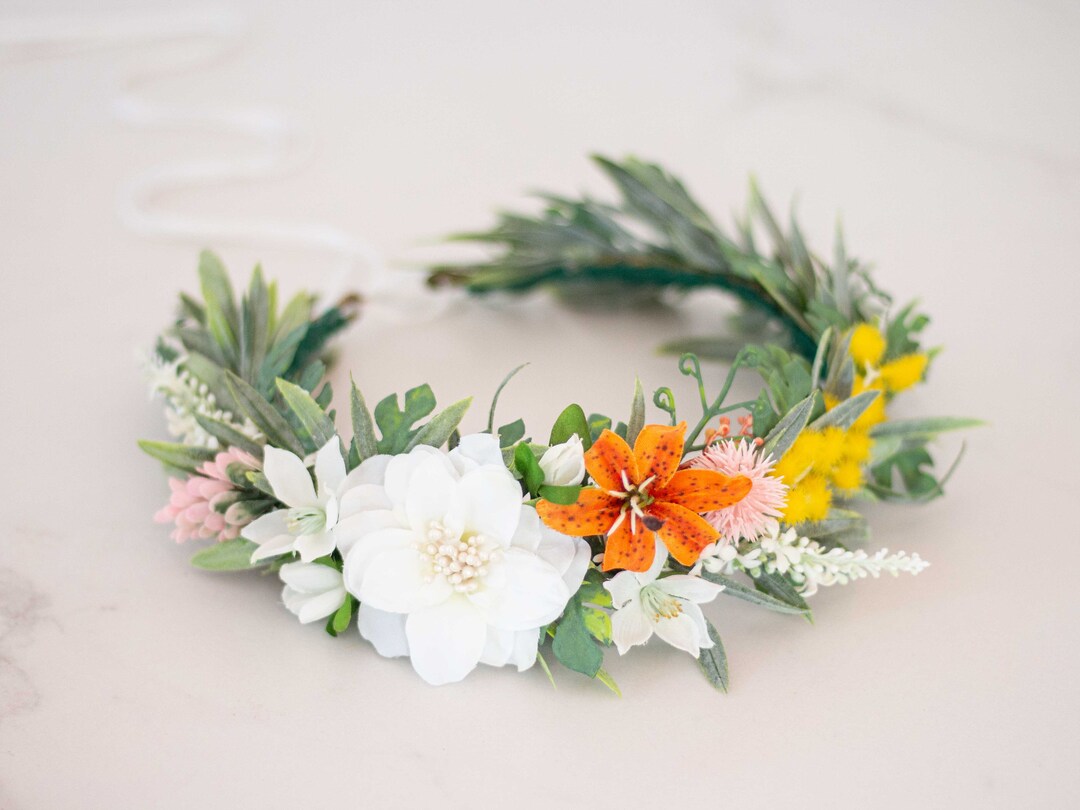 Tropical Flower Crown, Lily Flower Headband, White Orange Headpiece ...