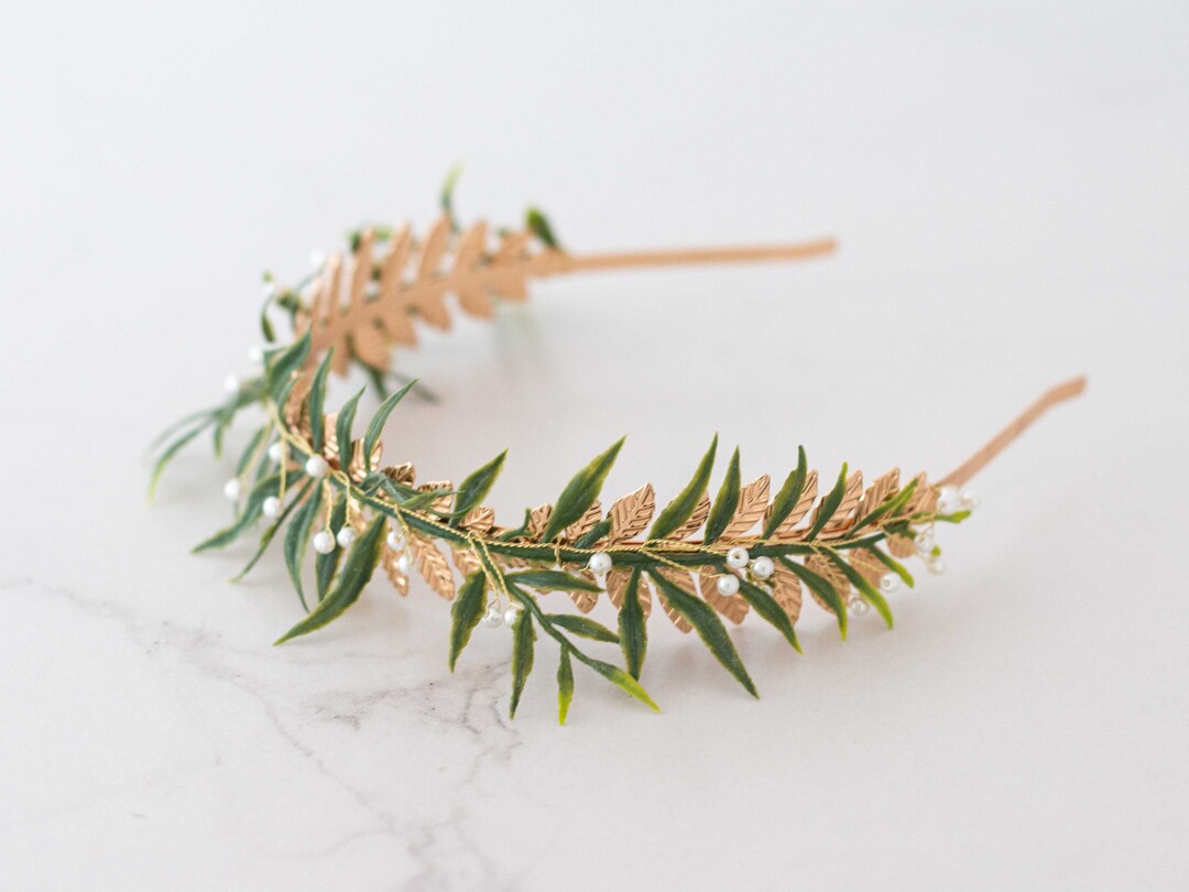 Gold Leaf Headband: Green & Gold Bridal Headpiece - Etsy