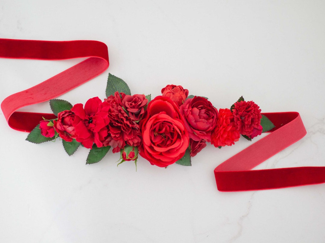 Red Flower Belt for Dress, Red Rose Floral Belt for Gown, Velvet Sash ...