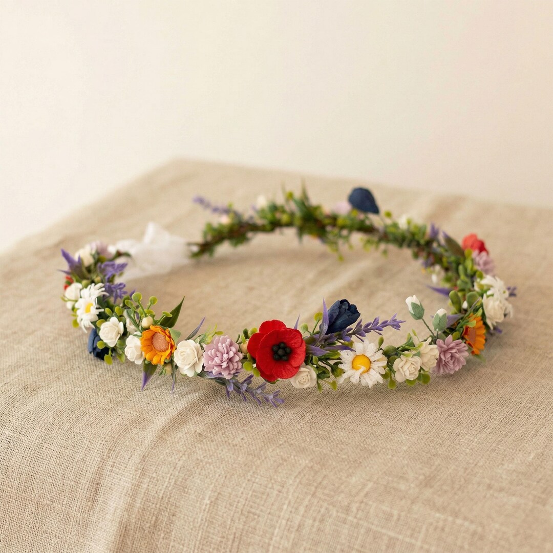 Daisy & Poppy Floral Crown: Wildflower Hair Wreath, Adjustable - Etsy