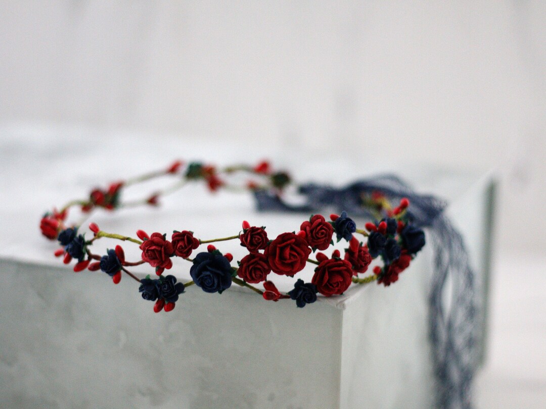 Burgundy Navy Blue Flower Crown Wedding, Rustic Bride Crown, Bridal ...