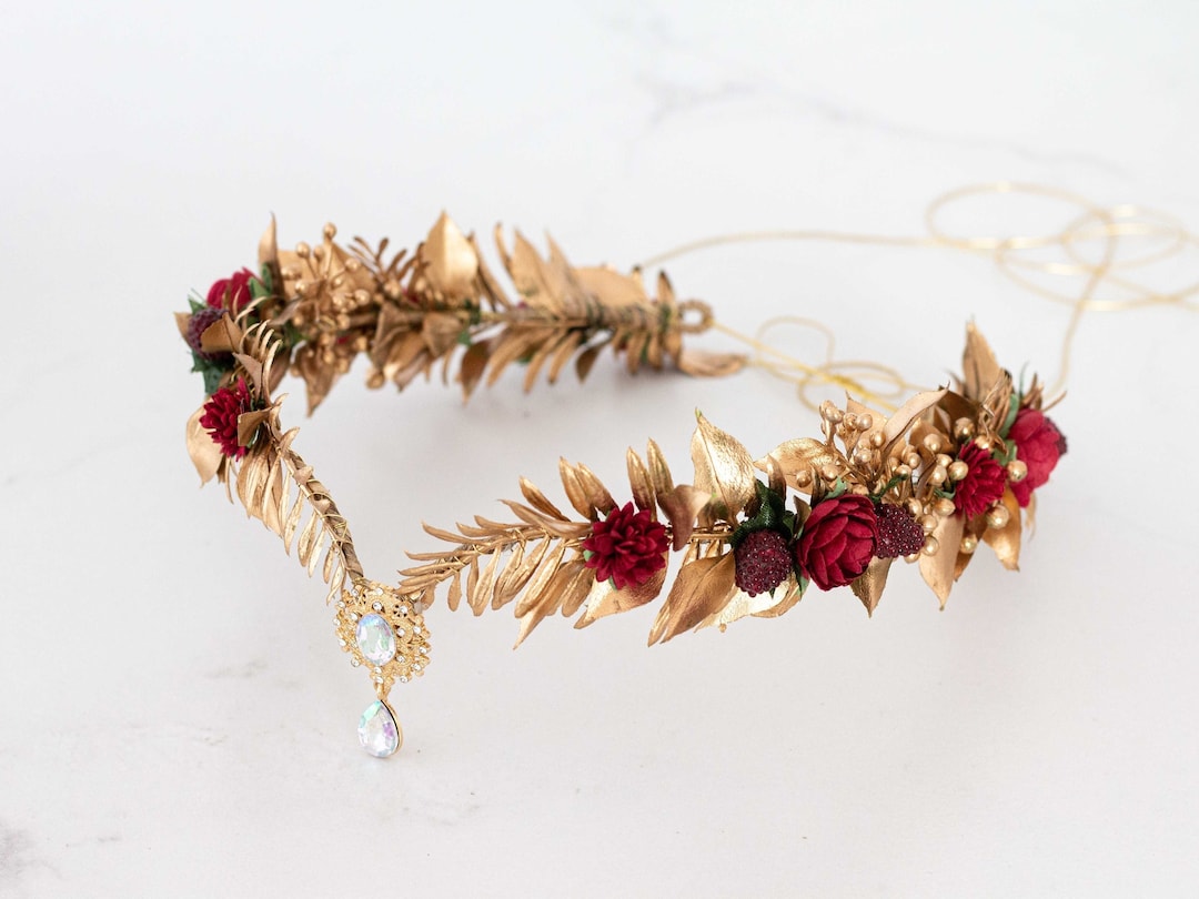 Burgundy & Gold Elven Crown: Floral Fairy Tiara Headpiece - Etsy