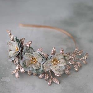 Sage Gold Flower Headband: Hydrangea & Glitter Leaf Bridal Hairpiece - Etsy