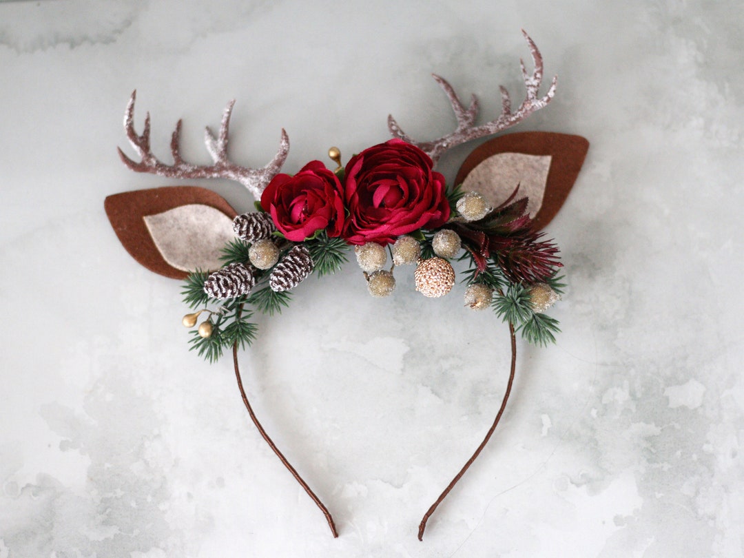 Christmas Holiday Crown With Horns, Deer Antler Headband, Reindeer ...