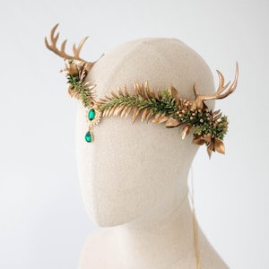 Deer Antler Elven Crown, Fantasy Flower Circlet With Gemstone, Gold ...