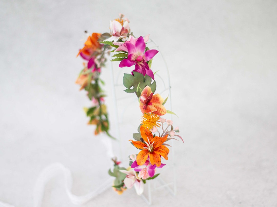 Tropical Flower Crown, Orchid Flower Headband, Hot Pink Orange ...