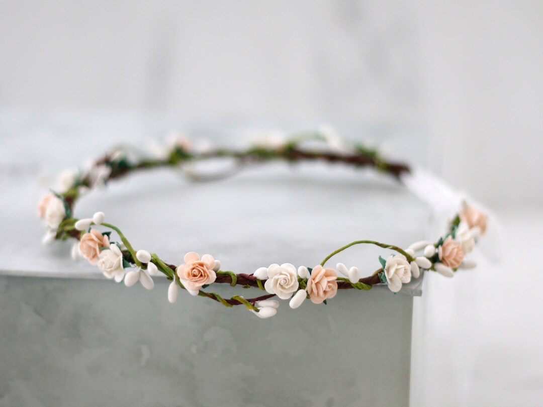 Peach White Flower Crown Wedding, Simple Flower Crown, Dainty Floral ...