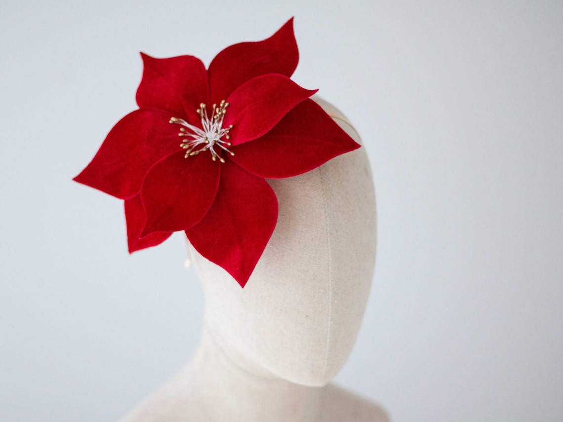 Velvet Poinsettia Flower Headband, Red Floral Headband, Winter Flower ...