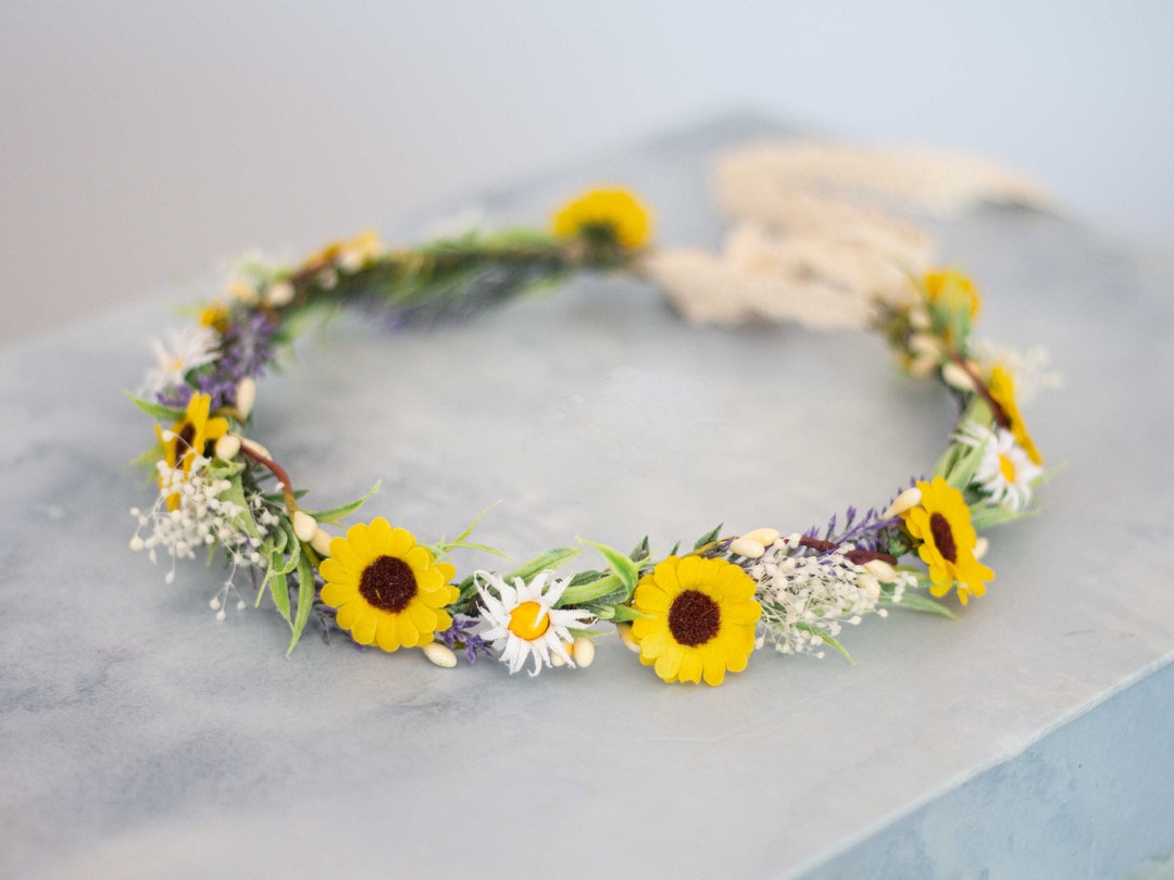 Sunflower Daisy Flower Crown, Sunflower Lavender Bridal Headpiece ...