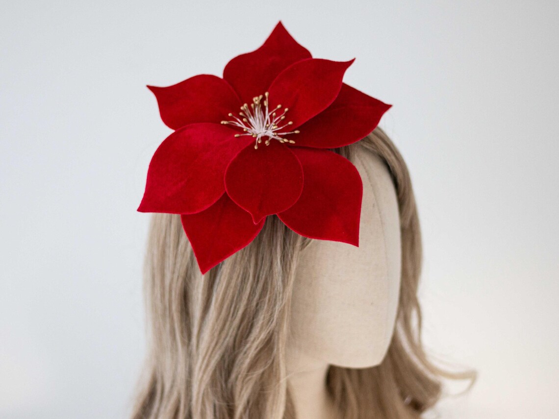 Velvet Poinsettia Flower Headband, Red Floral Headband, Winter Flower ...