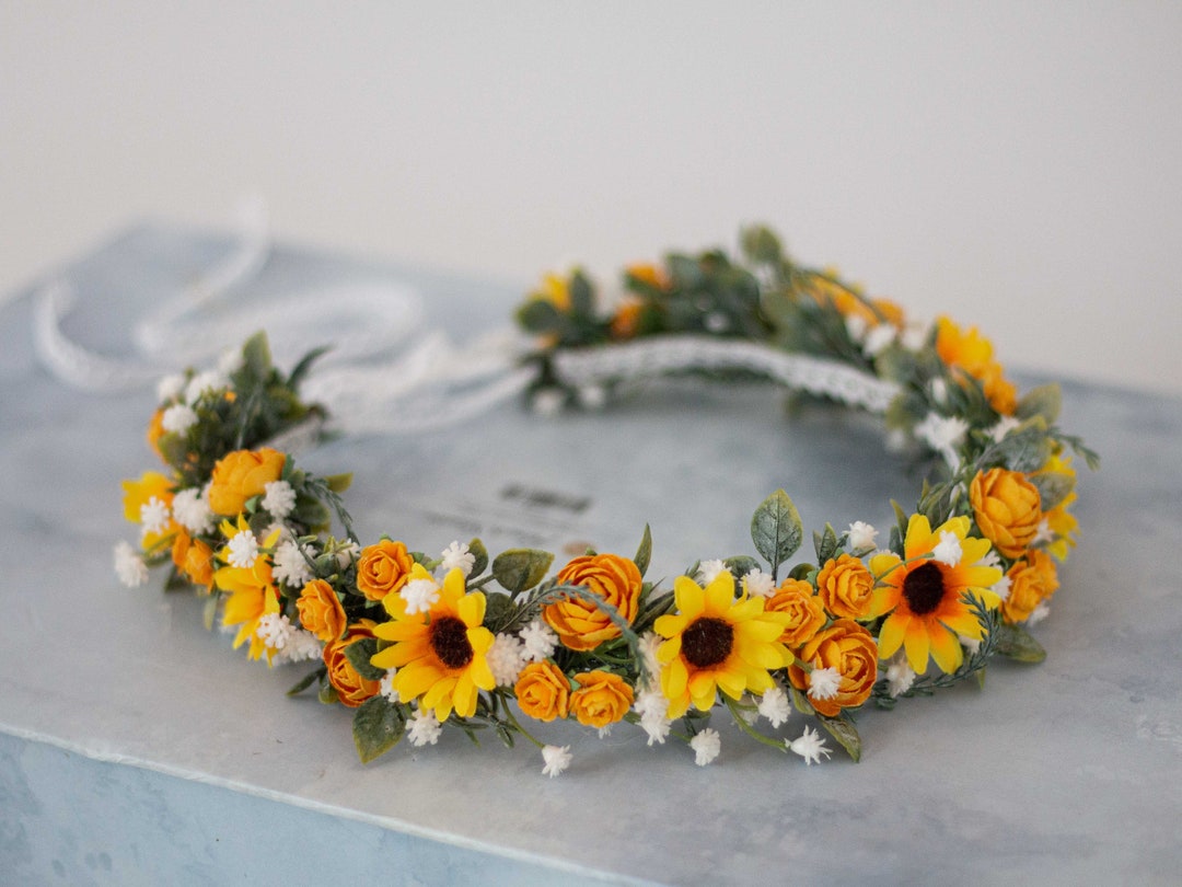 Sunflower Flower Crown, Yellow Flower Headband With Sunflowers, Boho ...