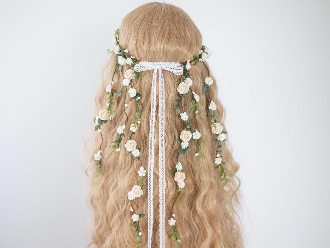 Off White Flower Crown, Cascade Floral Crown, Rustic Wedding Headpiece ...