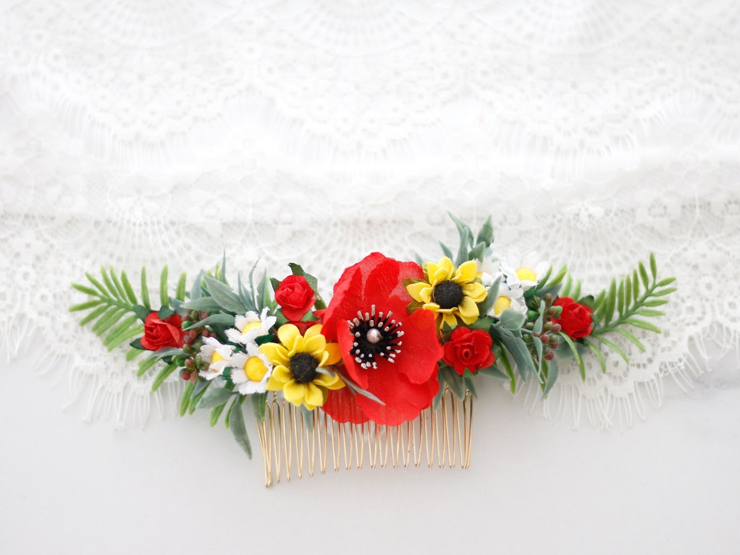 Poppy Flower Comb for Wedding, Colorful Bridal Comb, Meadow Flower Hair ...