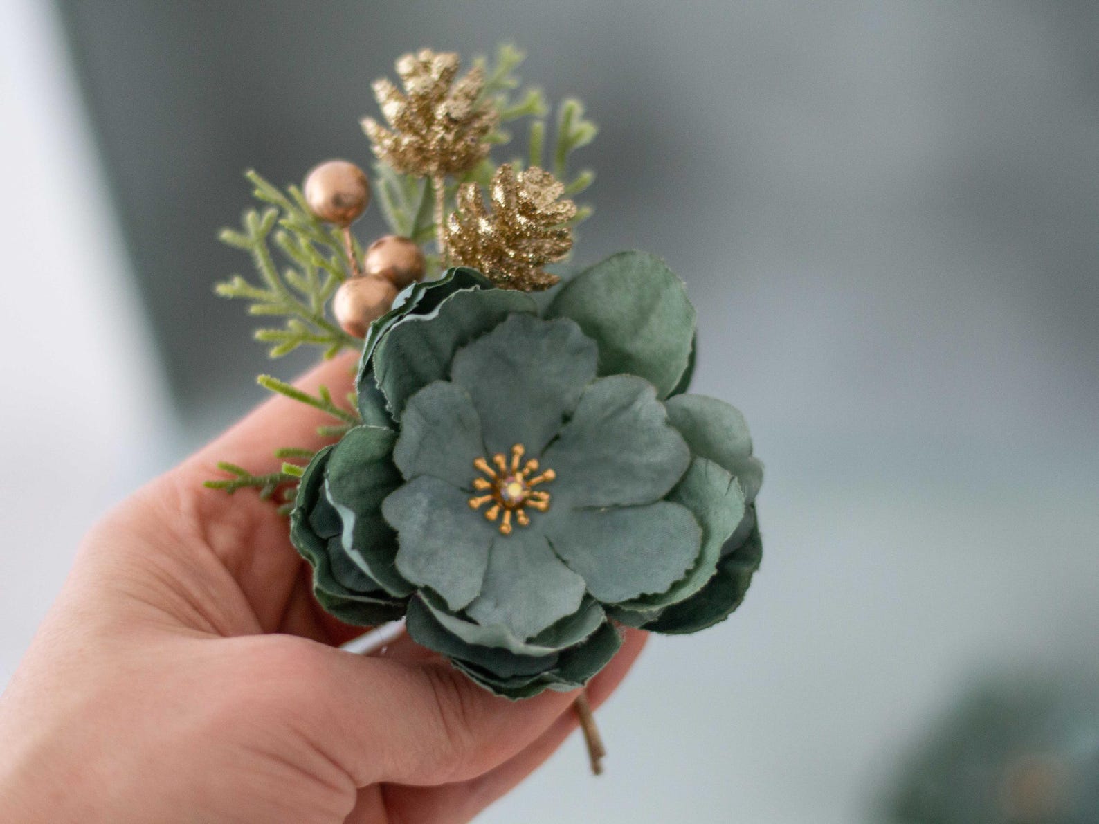 Sage Green Flower Pins Wedding, Winter Floral Hair Pins, Gold Green ...