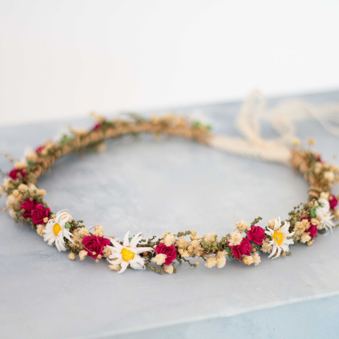 Rose Daisy Flower Crown, Meadow Flower Crown for Wedding, Dried Floral ...