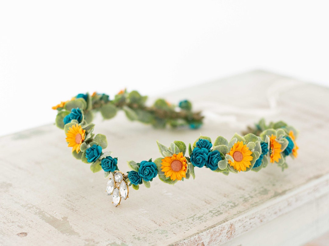 Sunflower Elven Crown With Crystal, Woodland Wedding Circlet, Elf Tiara ...