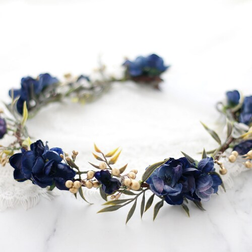 Dusty Blue Wedding Navy Blue Floral Crown Flower Headpiece - Etsy