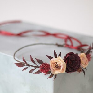 Beige Burgundy Flower Crown Wedding, Dainty Hair Wreath Bridal Shower ...