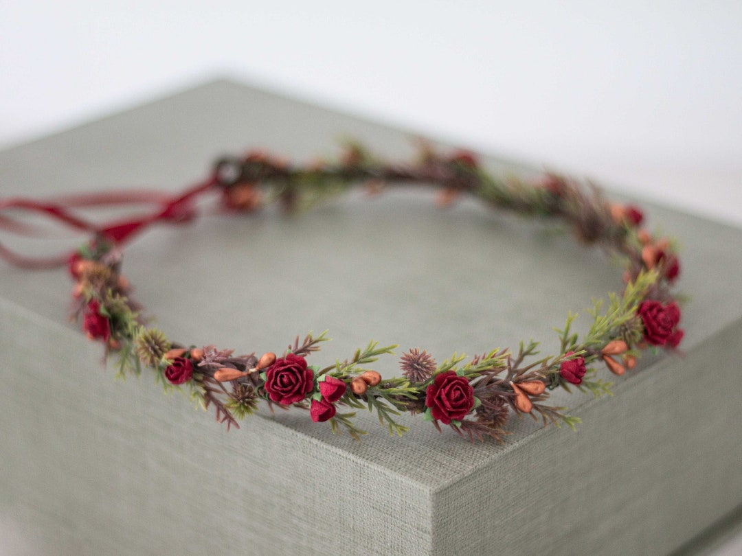 Red Flower Crown Wedding, Forest Floral Crown, Christmas Floral ...