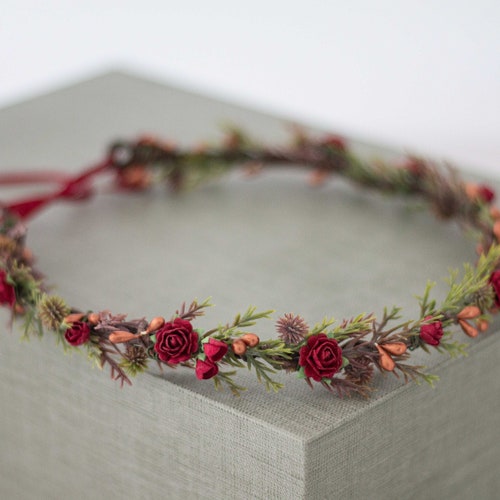 Red Flower Crown Wedding Forest Floral Crown Christmas - Etsy