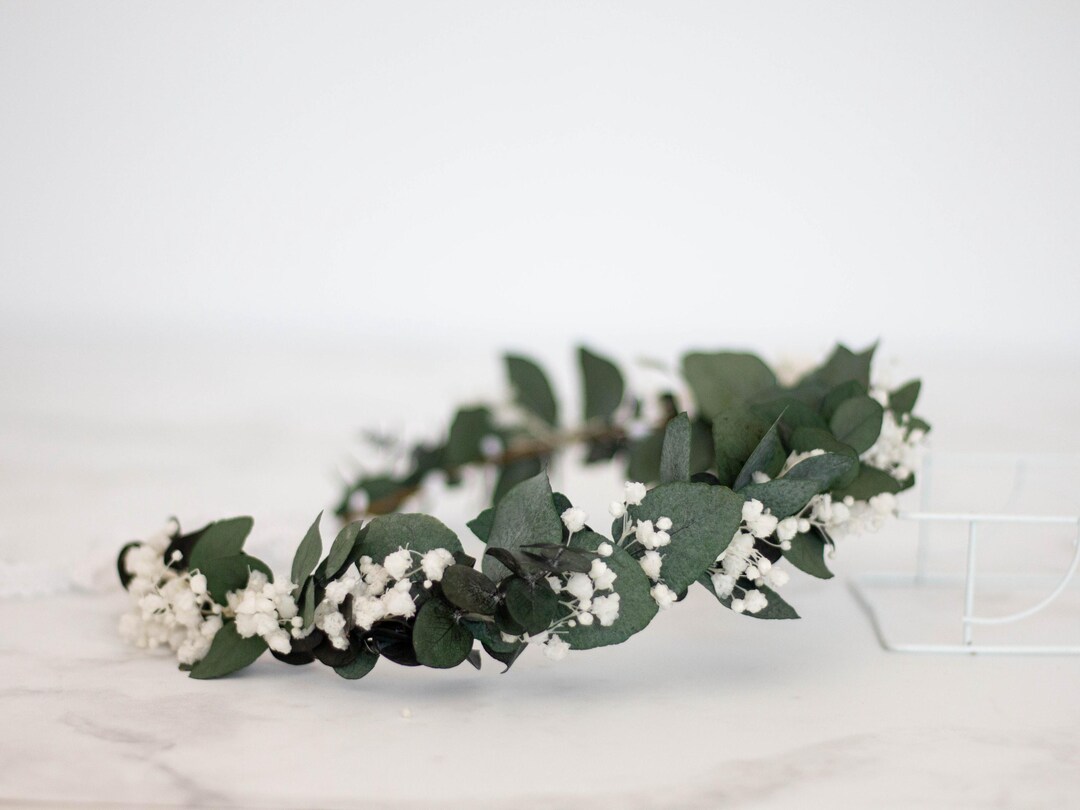 Greenery Hair Crown With Dried Flowers, Eucalyptus Leaf Hair Wreath ...